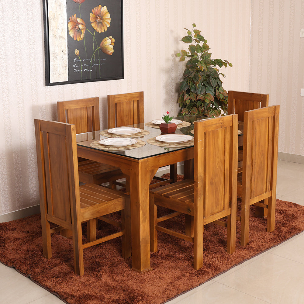 MAARK Glass Top 6 Seater Dining Set – Wooden Dining Table with Chairs